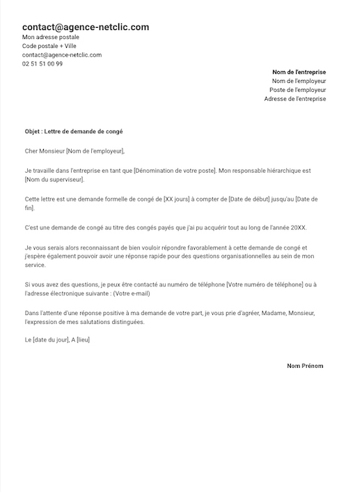 Exemple de lettre de demande de congé à remplir et télécharger